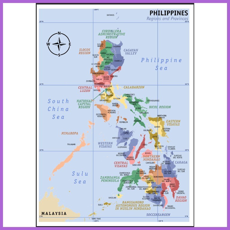 ⊙ ♀ ☩ Philippines Map Waterproof with Regions Provinces and Latitude A4 ...