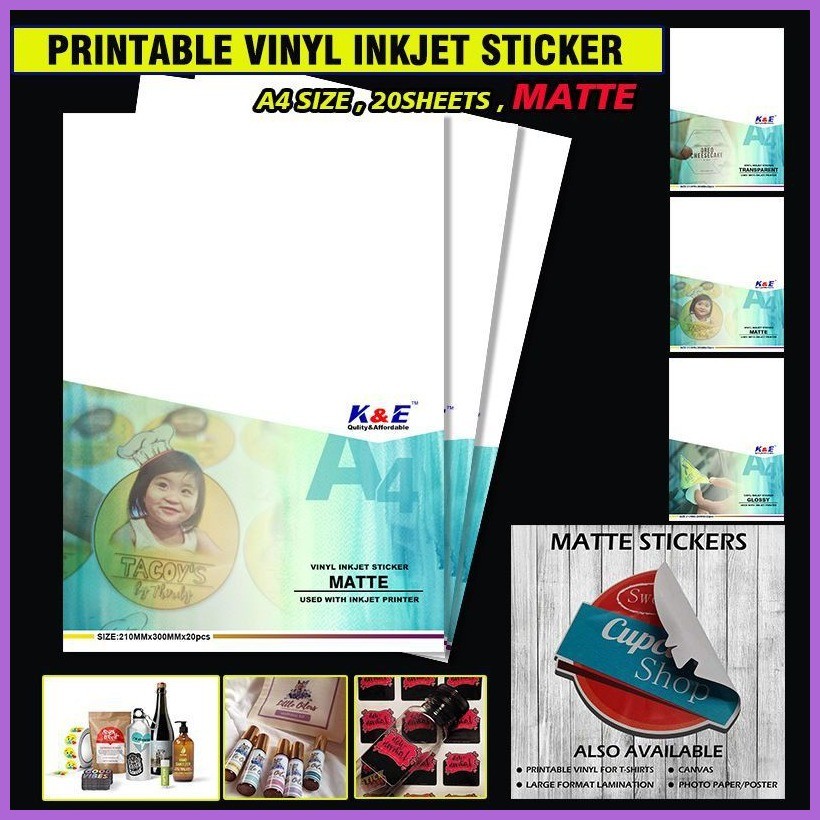 20pcs)K&E vinyl inkjet sticker A4 transparent/glossy/matte Printable ...