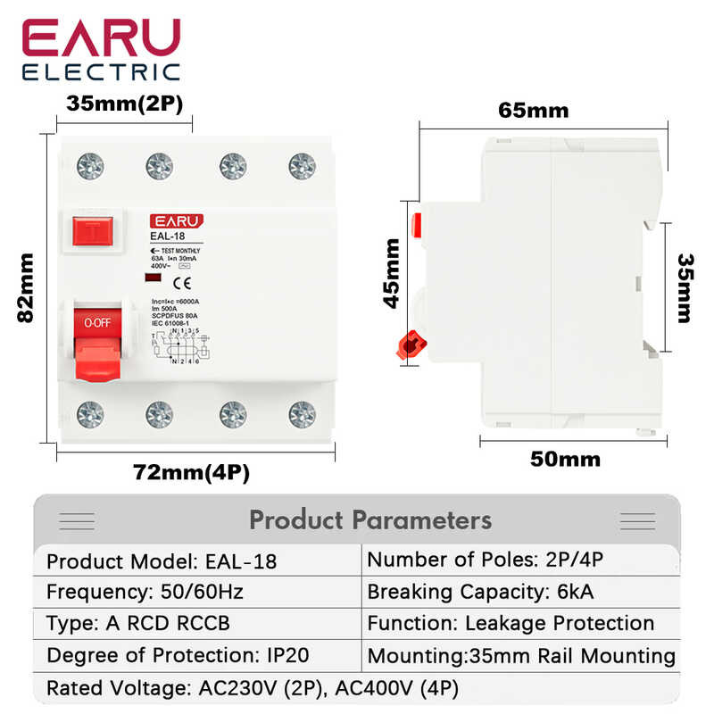 4P 2P 10/30/100/300mA Type A RCCB RCD ELCB Electromagnetic Residual Current Circuit Differential ...