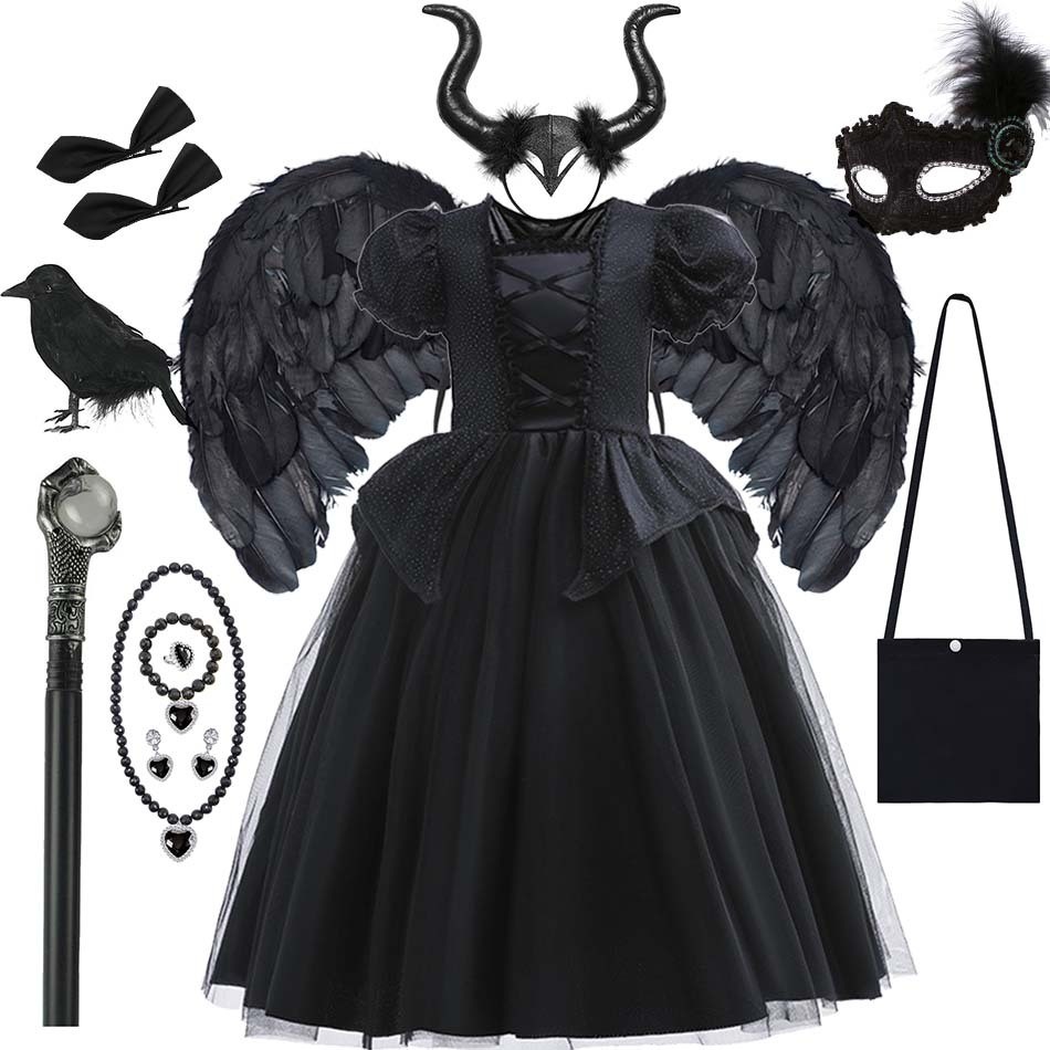 B3 Girl 3 Black Witch Cosplay With Wings Kids Halloween Carnival Evil ...