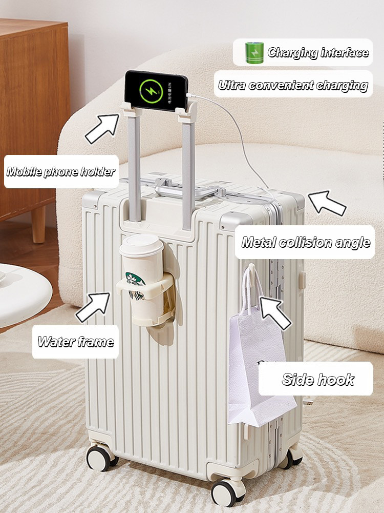 Aluminum multi-purpose suitcase with charging, lock, cup holder ...