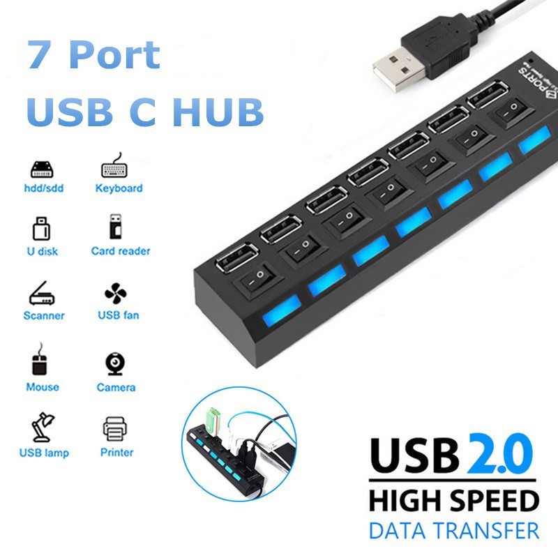 AK USB 2.0 Channel Booster HUB Combo Splitter 4/7 Port Switch High ...