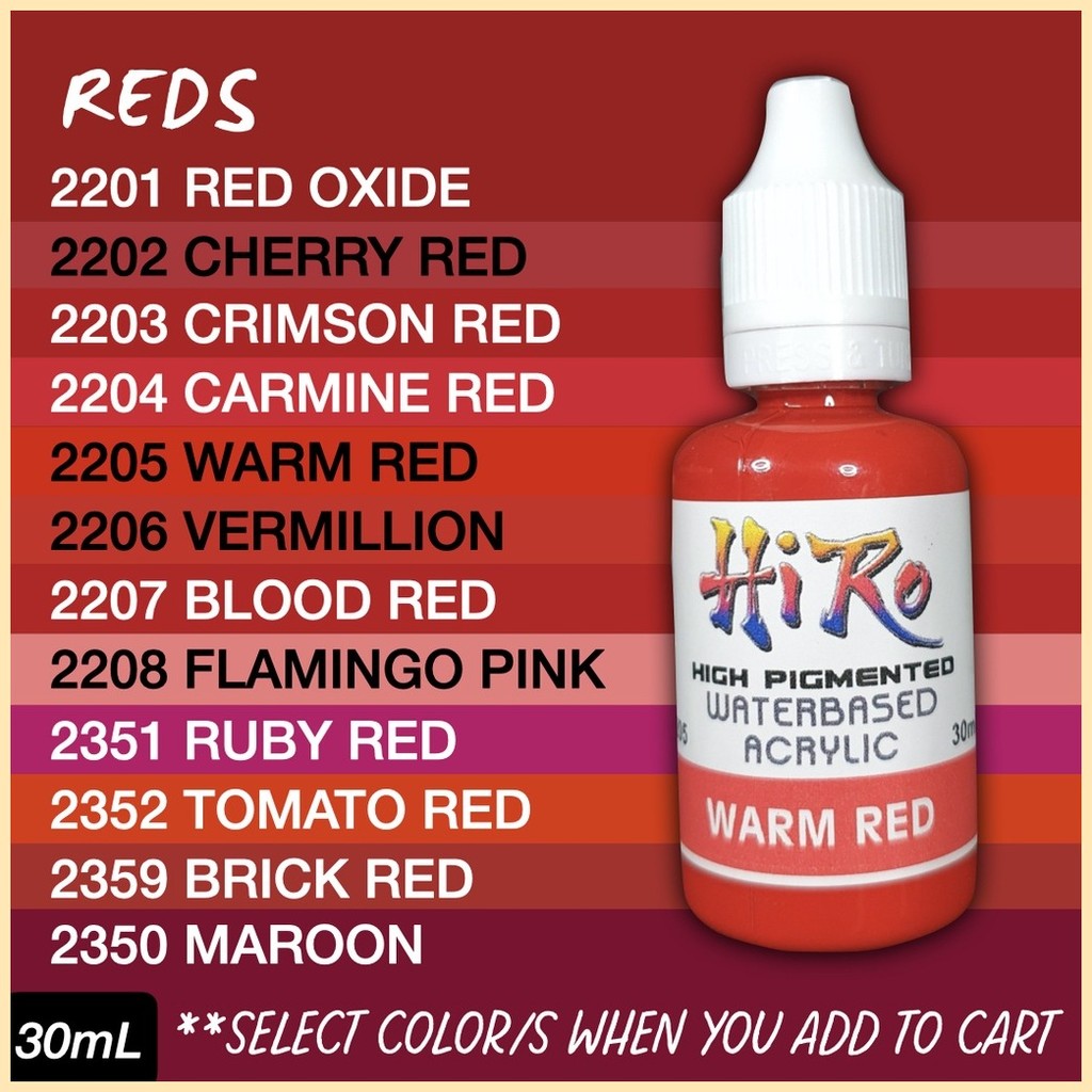 ⊙ ☽ Red Colors by Hiro Paints High-Pigmented Waterbased Acrylic Hobby ...