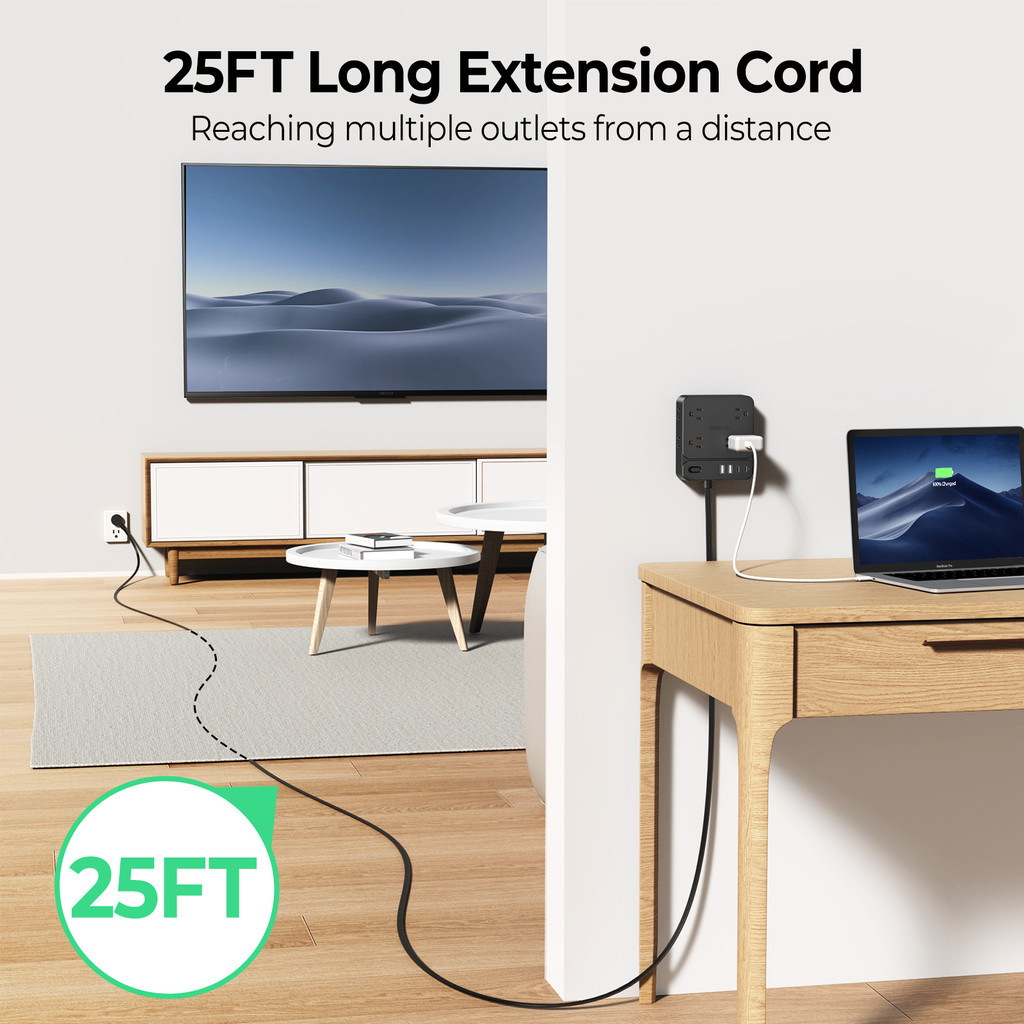 ORICO Extension Cord with 2 USB 2 Type C Ports 8 Gang Ultra Thin Flat ...