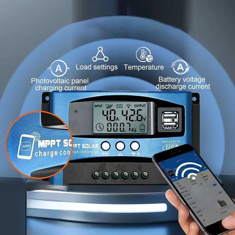 24V 12V WiFi bluetooth MPPT Solar Charge Controller w/LCD Display Dual ...
