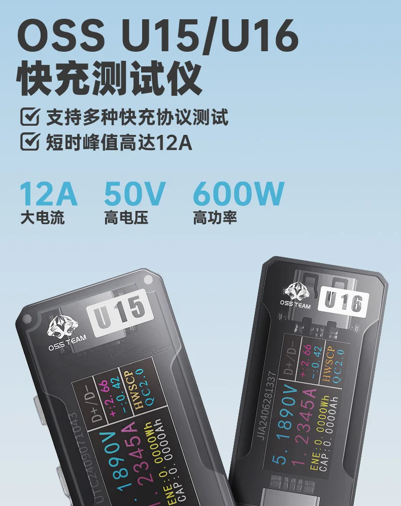 OSS U15/U16 Fast Charging Tester Type-C USB-A 12A 600W Current Voltage ...