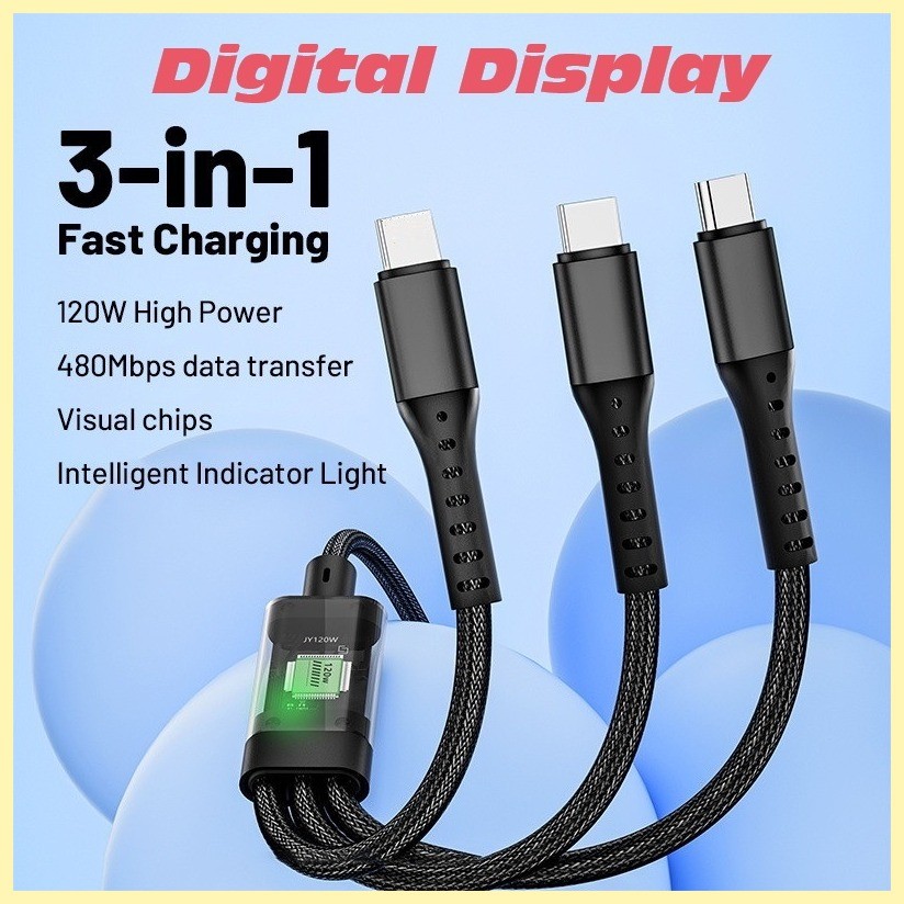 ⊘ ⛧ 100W 3 in 1 Super Fast Charging Data Cable PD Digital Display ...