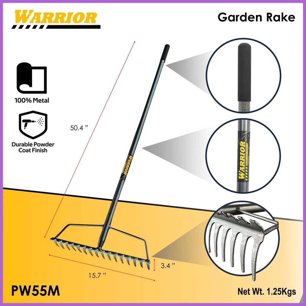 WARRIOR Garden RAKE 16 Tines for Gardening ALL-METAL 50-Inch Heavy Duty ...