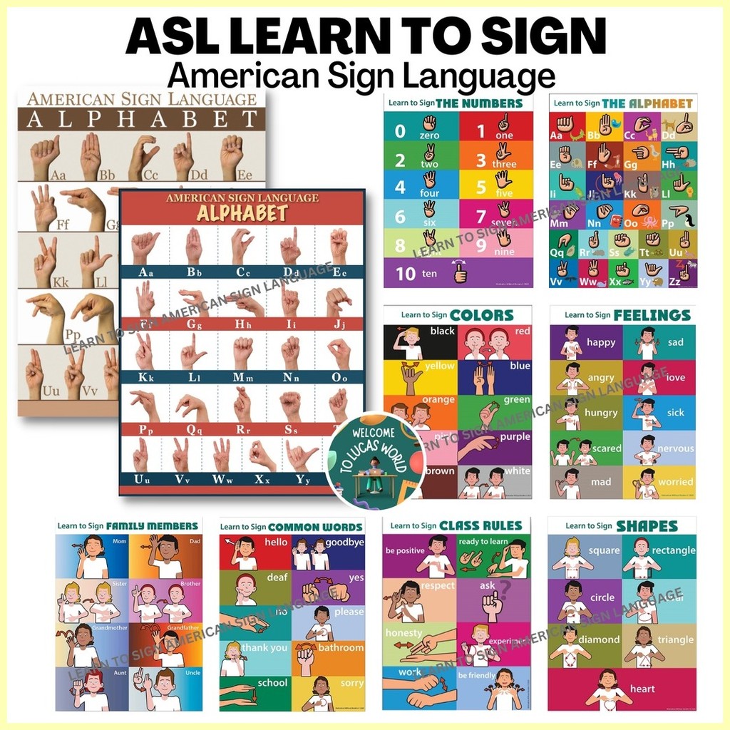 ⊙ ♞ASL AMERICAN SIGN LANGUAGE CHARTS POSTERS ALPHABET NUMBERS FEELINGS ...