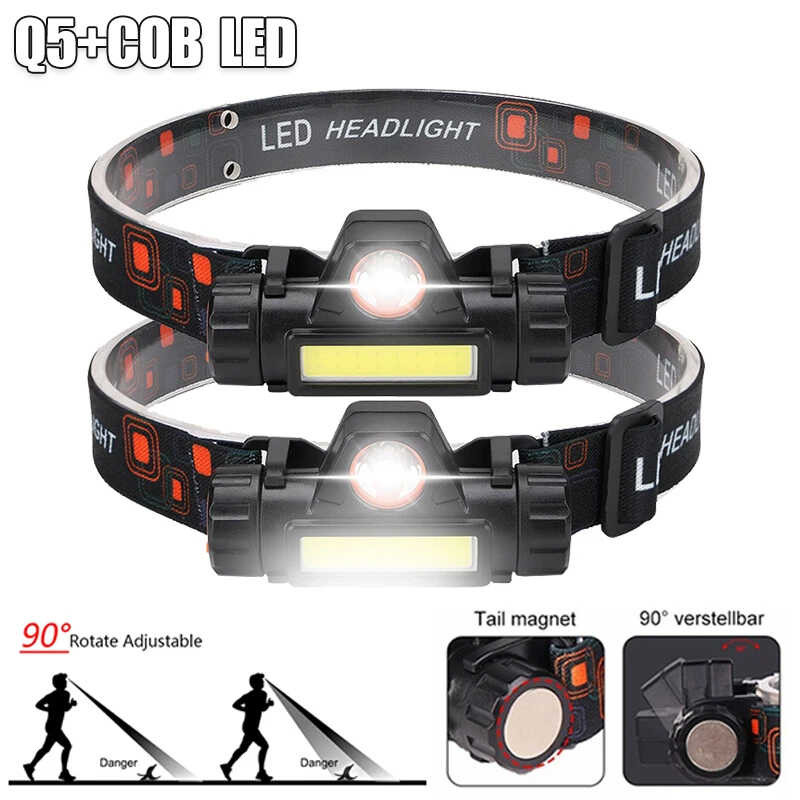 Portable Mini Q5+Cob Led Headlamp USB Rechargable Headlight Built-In ...