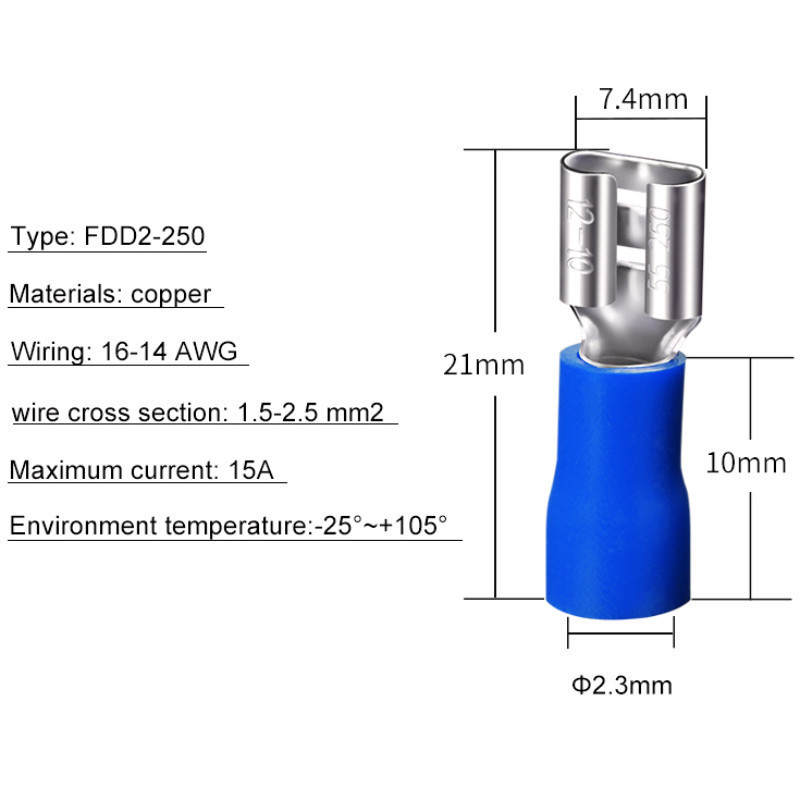 100/50PCS FDD2-250 FDD 6.3mm Insulated Electrical Crimp Female Terminal ...