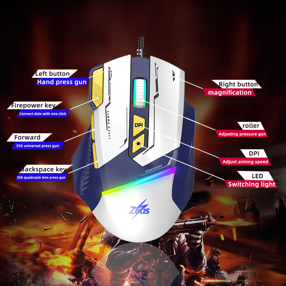 Zeus M12 Pro Gaming Mouse Wired 7200dpi RGB Backlight Optical Mice 8 ...