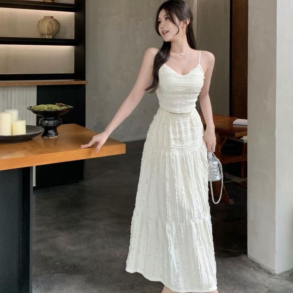 White Sando Maxi Dress Set - Lace Spaghetti Strap Vest & Flowy Wide Hem ...
