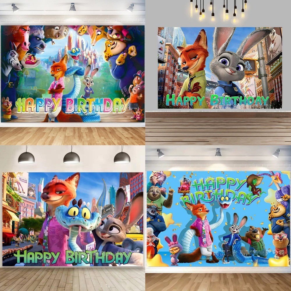 Zootopia Birthday Backdrop Judy Nick Party Decoration kids Baby Shower ...
