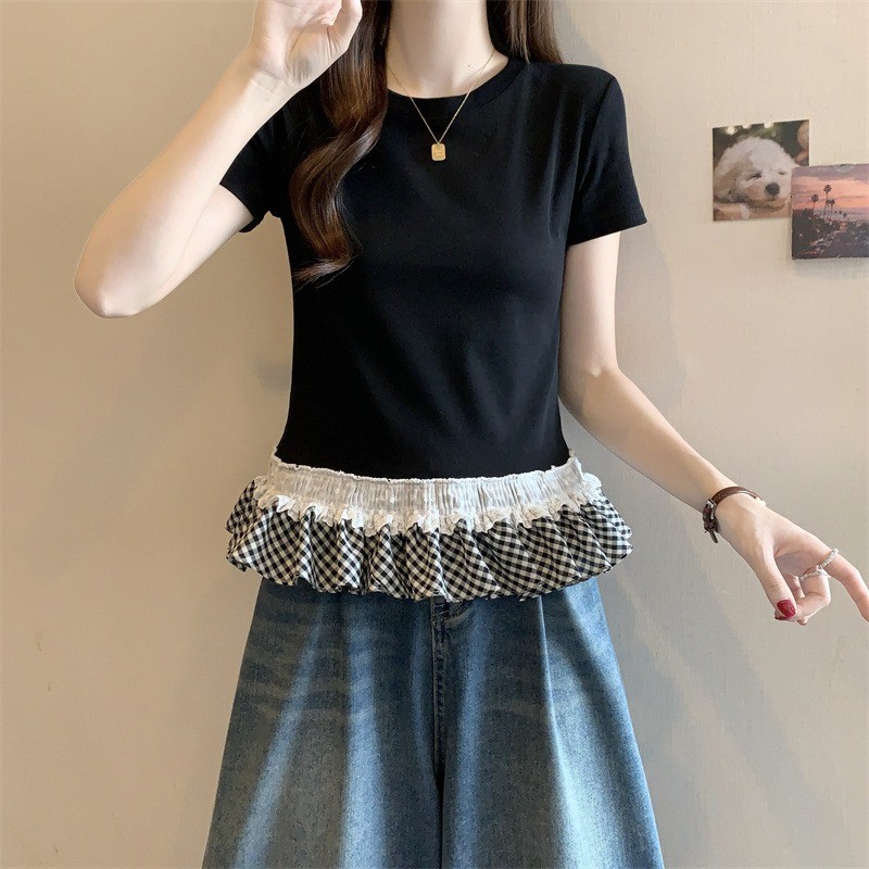 Lace Stitching Front Shoulder Short-Sleeved T-Shirt Women Plus Size ...