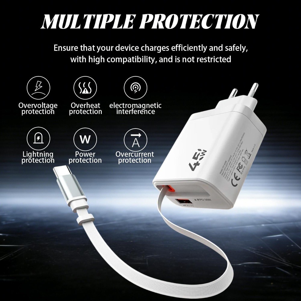 45W GaN Fast Phone Charger with 80cm Telescopic Data Cable Travel ...