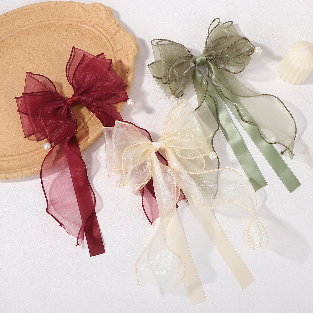 Long Bow Pearl Hair Clip Big Ribbon Hair Pin Elegant Hair Bows Fashion ...