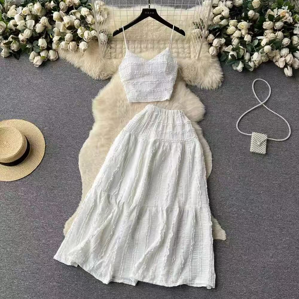 White Sando Maxi Dress Set - Lace Spaghetti Strap Vest & Flowy Wide Hem ...