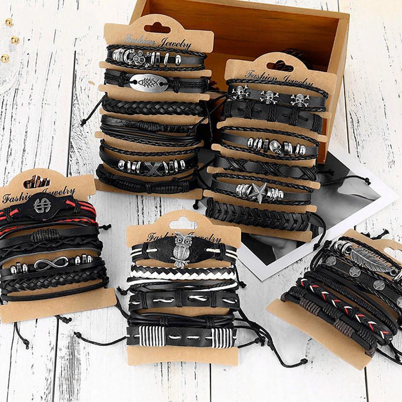Fashion Men Multilyer Skull Leather Bracelet Unisex Multiple Wristbands ...