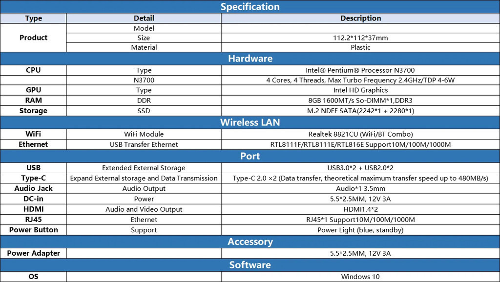 SZBOX W6 MINI PC Intel N3700 Win10 SO-DIMI SB3.0*2 RJ45 M.2 2280 4K HD ...