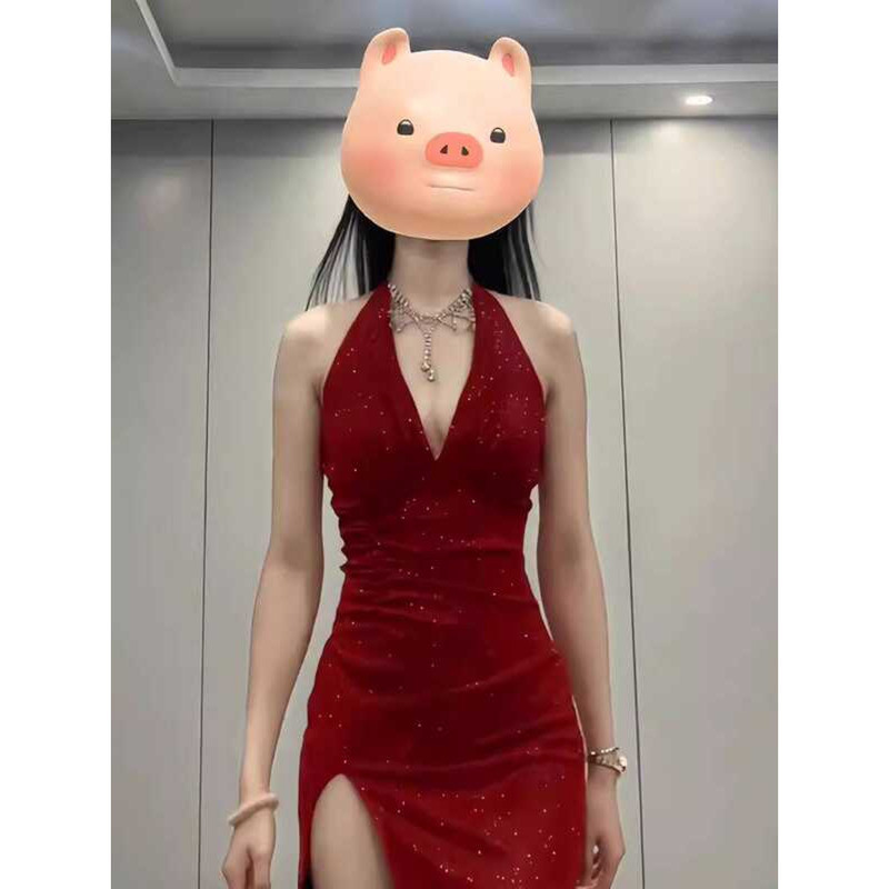 instahot Christmas Outfit Shimmer Halter Deep V Red Luxury Birthday ...