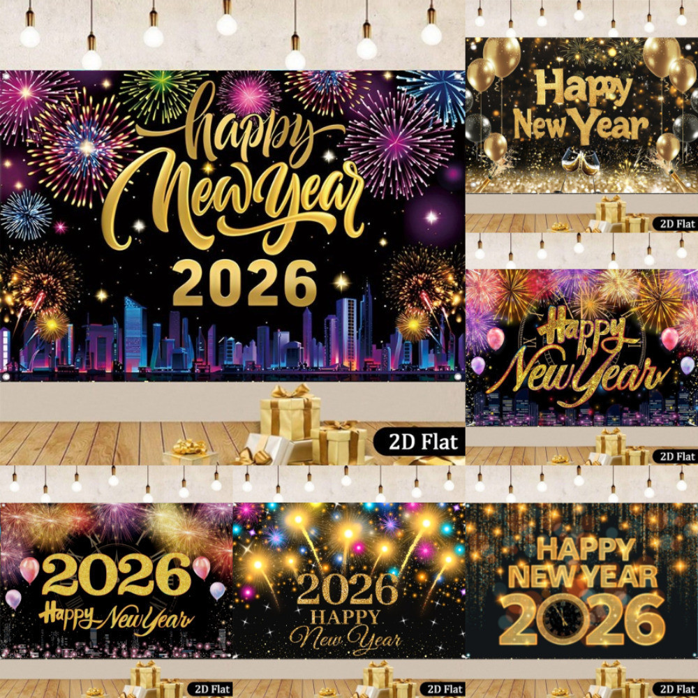 150*100cm Happy New Year Banner Black Gold Fireworks New Year ...