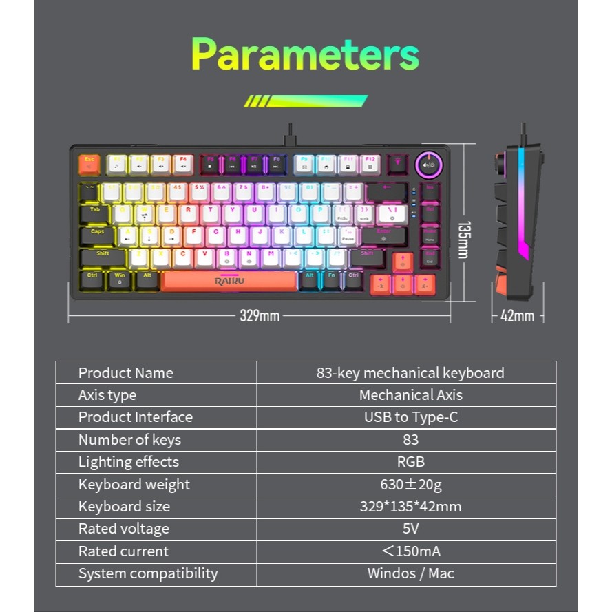 METMI x Raiku 83Keys Wired RGB Mechanical Keyboard w/ Multi-Function ...