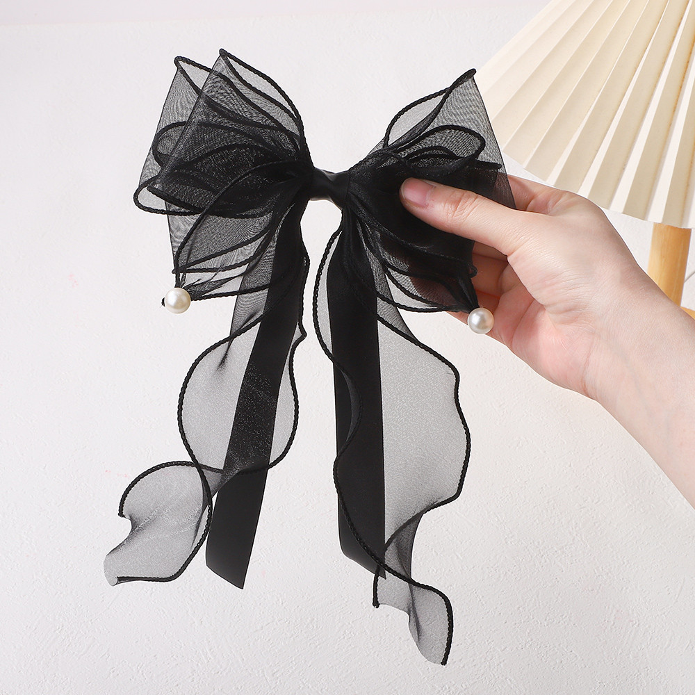 Long Bow Pearl Hair Clip Big Ribbon Hair Pin Elegant Hair Bows Fashion ...