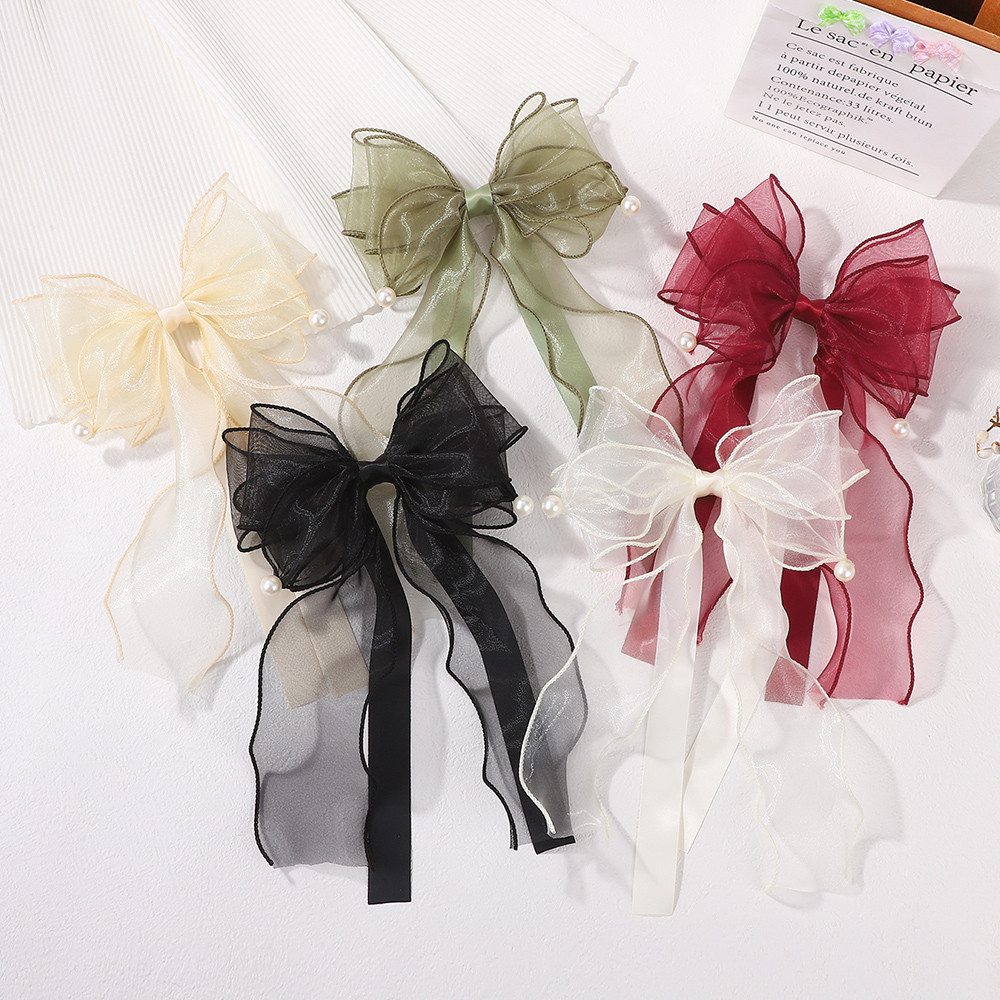 Long Bow Pearl Hair Clip Big Ribbon Hair Pin Elegant Hair Bows Fashion ...
