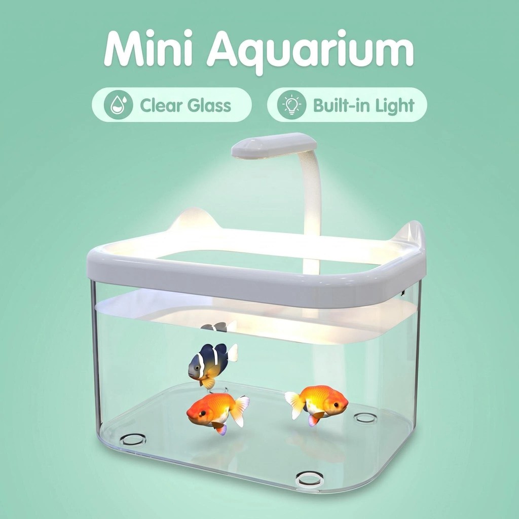 Mini Desktop Transparent Fish Tank with LED Light Silent Filter Eco ...