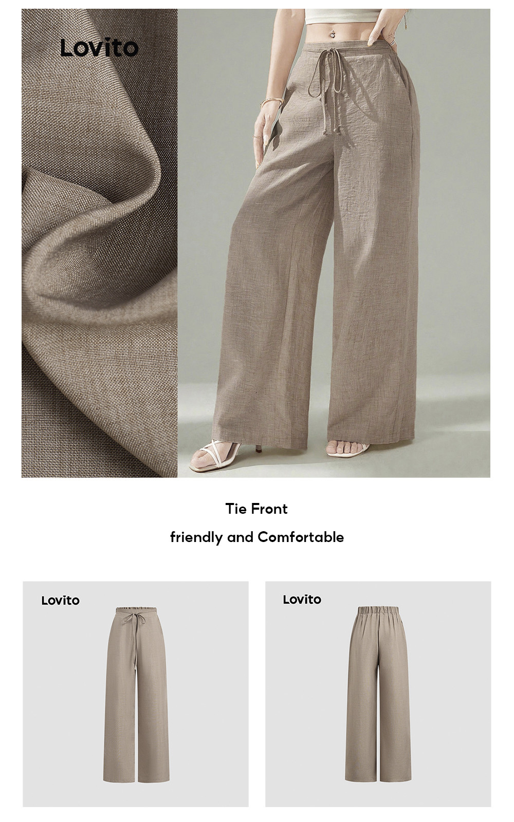 Lovito Casual Women Pants Tie Front Spring/summer Coffee Color Pants ...