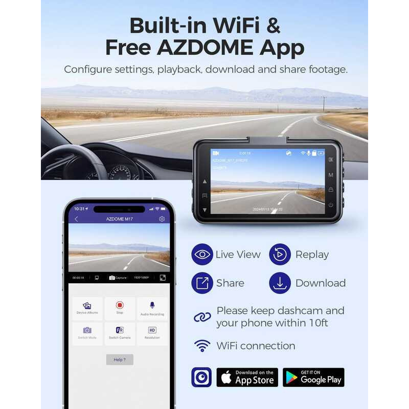 Cam AZDOME Dash M17 1080P Front Cam Built-In ADAS GPS Car Camera 24H ...