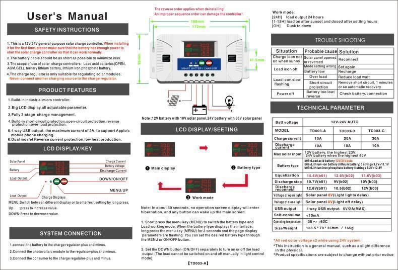 Charge Controller 60A 30A 20A 12V 24V Auto LCD Dual USB Smart Regulator ...