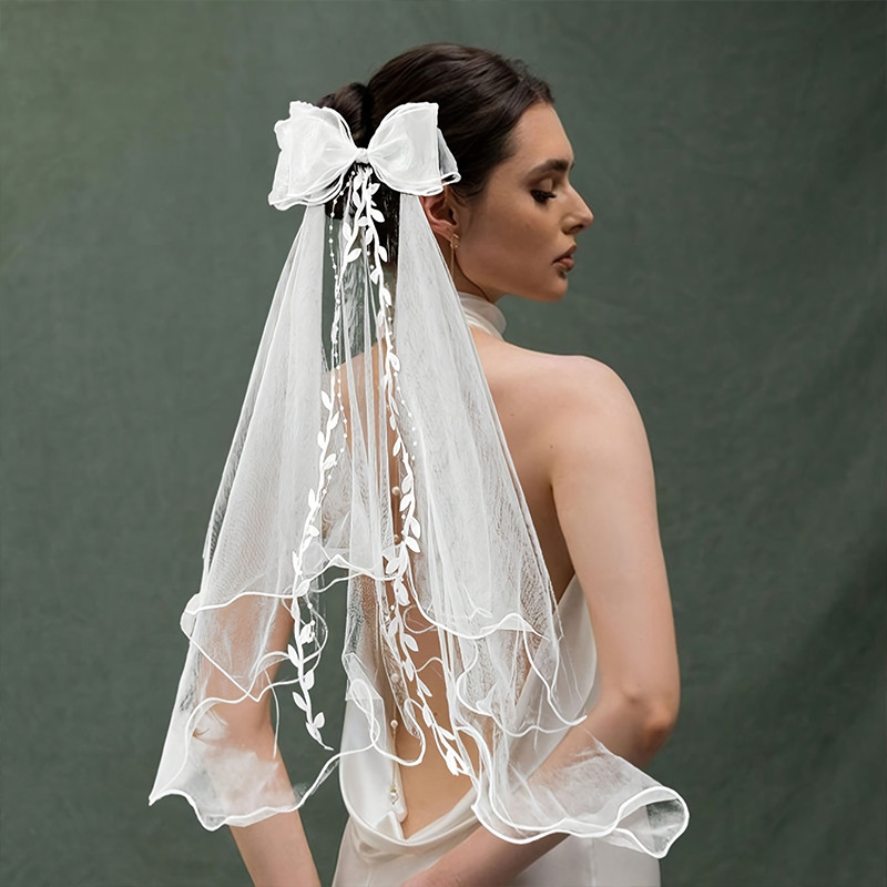1pc White Bridal Double Edge Veil Wedding Photography Princess Bow Hair ...
