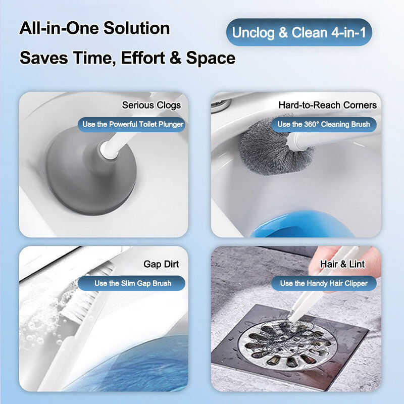 4 In 1 Brush For Bathroom Cleaning With Toilet Brush Plunger Hair ...