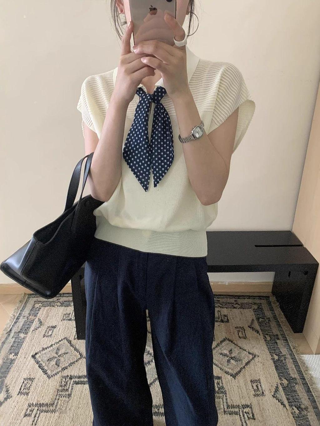 K-Collective Sleeveless Knit Tshirt for Women with Polka Dot Tie Decoration Short Slim-Fit Top ...