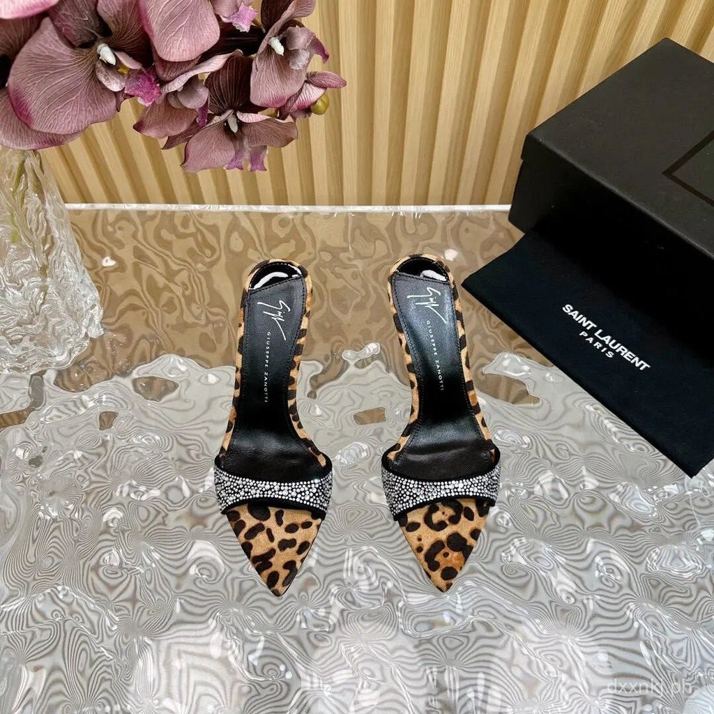 High Version YSL Pointed Toe Leopard Print Stiletto High Heel Slippers ...