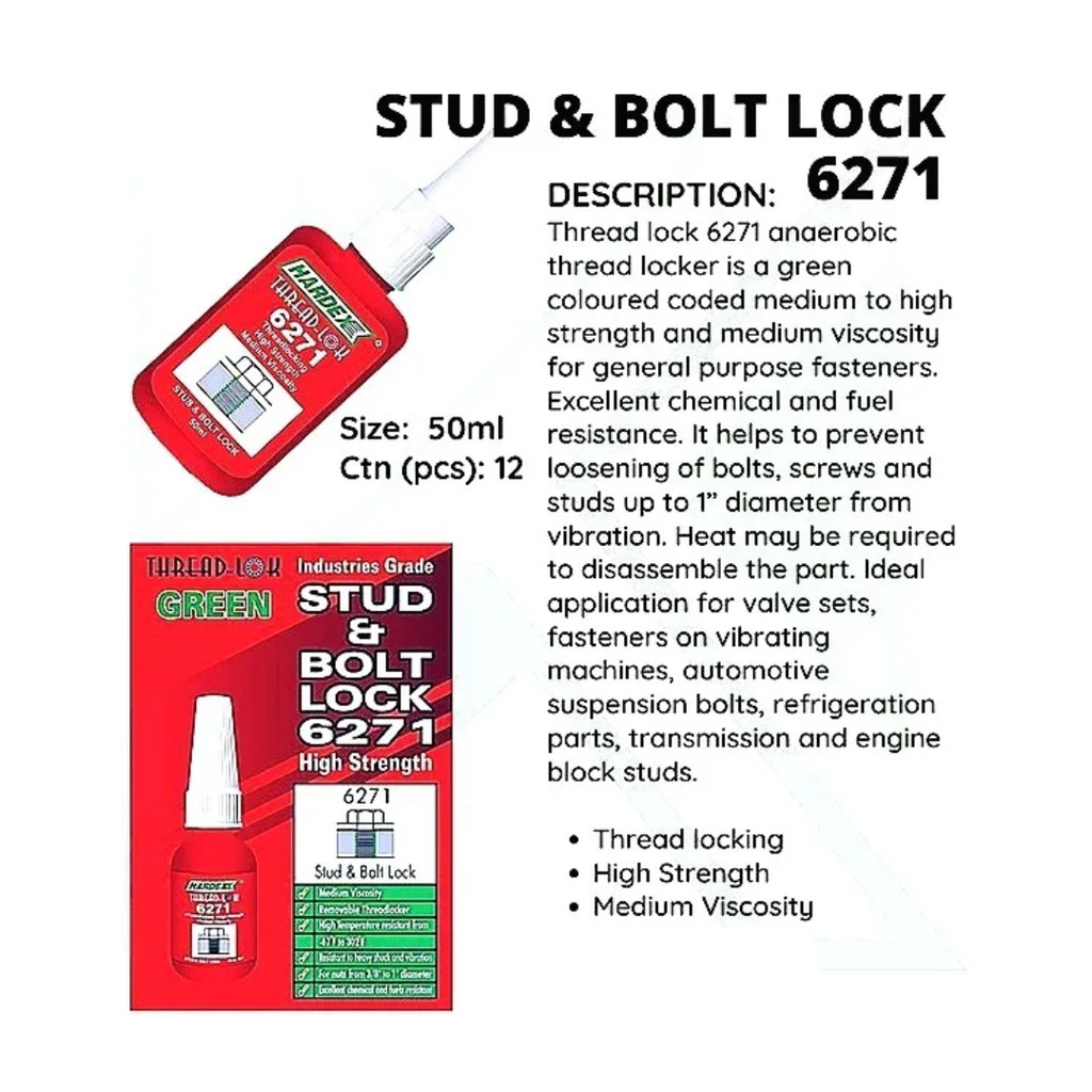 HARDEX TL-6271 Green Stud & Bolt Lock Thread Sealant 10ml High Strength ...