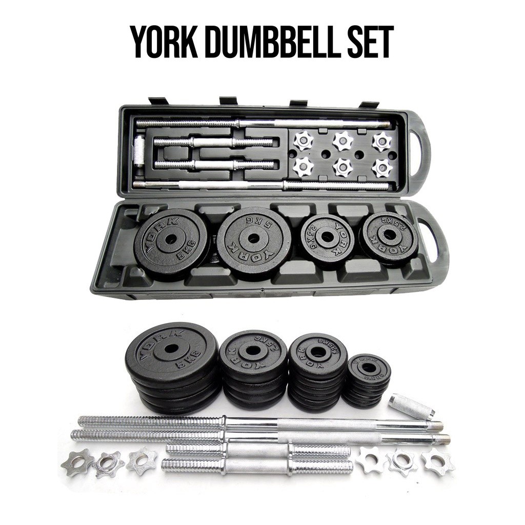 York Cast Iron Dumbbell Barbell Set 50Kg W/ Long Bar And Plastic Case ...