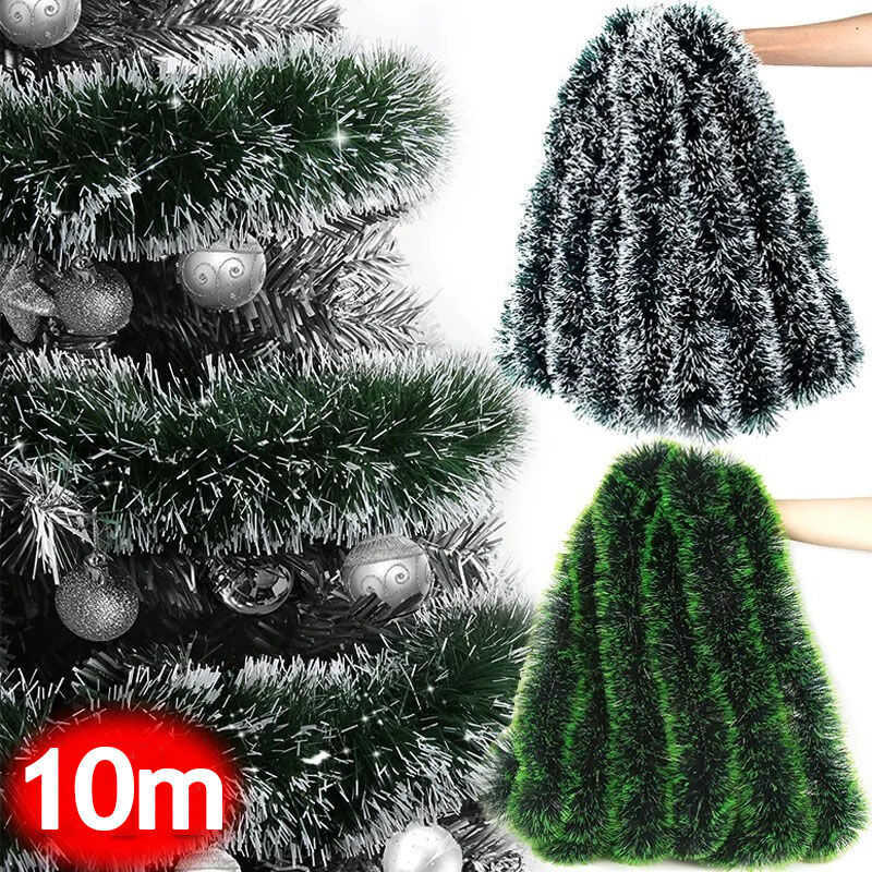F 10M Snowy Green Christmas Tree Tinsel Garland, Fluffy Long Ribbon ...