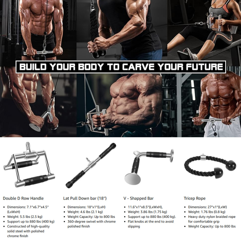 Cable Machine Attachments Set LAT Pulldown Tricep Rope V Bar Double D ...