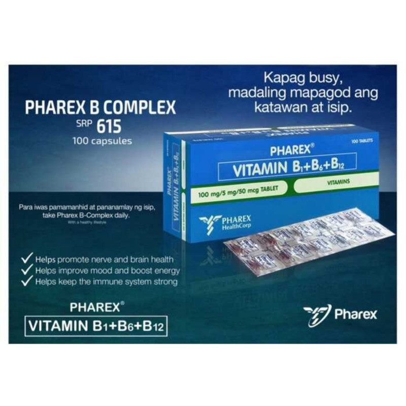 Pharex B COMPLEX Vitamin B1+B6+B12 100 Tablets 55C | Shopee Philippines