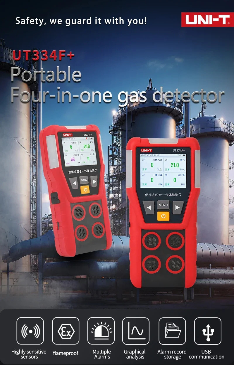 UNI-T UT334F Multi Gas Detector Gas Meter O2 H2S CO LEL Oxygen Hydrogen Sulfide Carbon Monoxide ...
