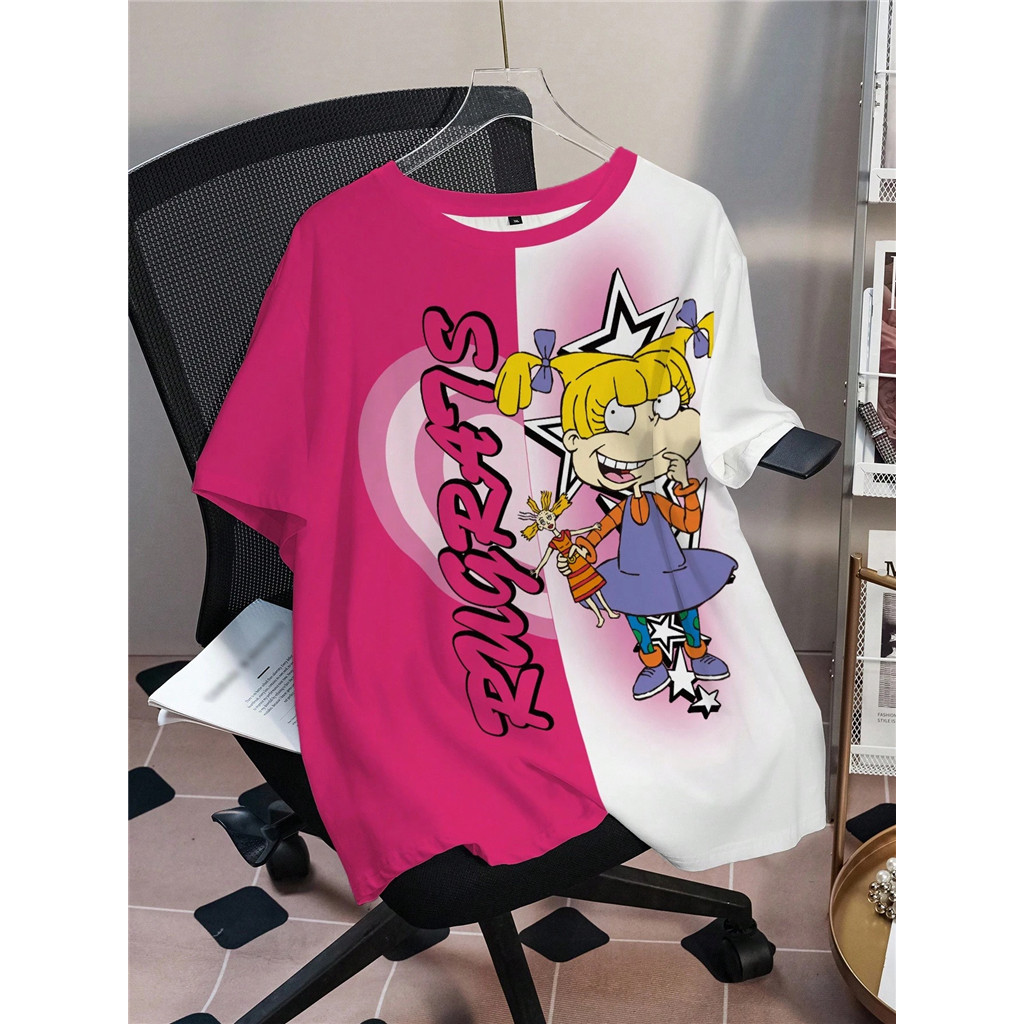 Summer Plus Size Color Block Cartoon Character and Letter Pattern Short ...
