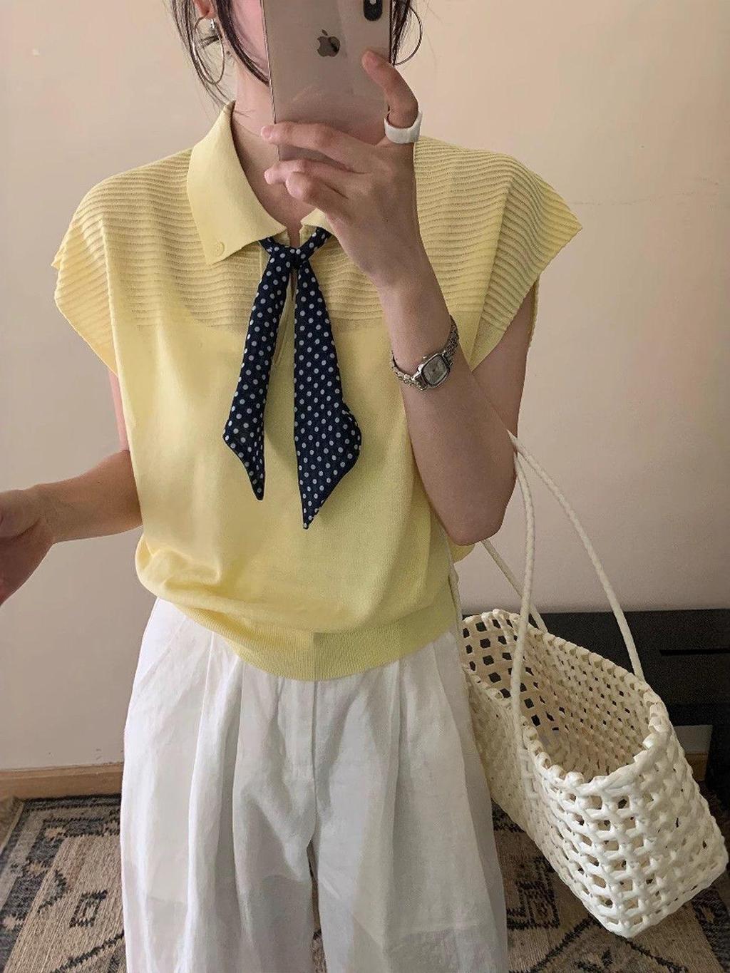 K-Collective Sleeveless Knit Tshirt for Women with Polka Dot Tie Decoration Short Slim-Fit Top ...