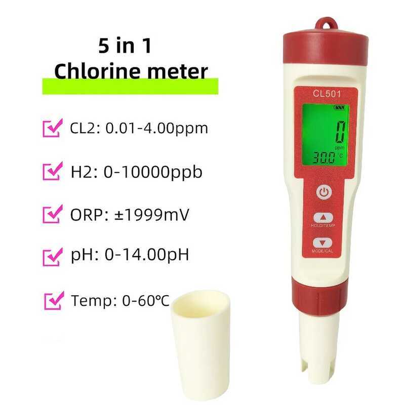 5 Portable In 1 Temperature H2 ORP PH Cl2 Swimming Pool Wa Quality ...