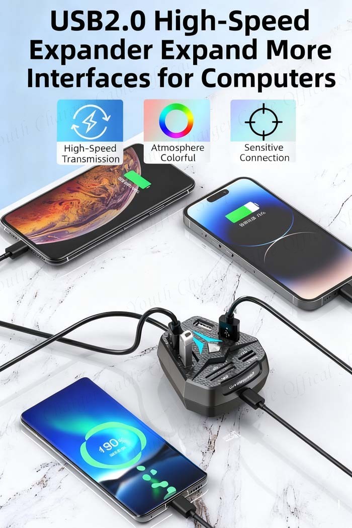 USB2.0 Hub Splitter with RGB Light 7-in-1/9-in-1 Multi-functional Power ...