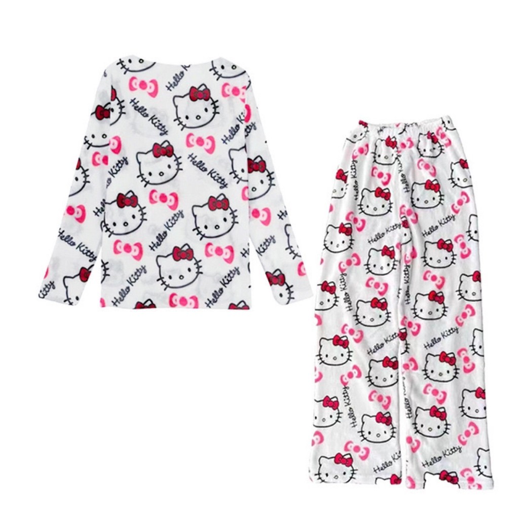 2PCS Hello Kitty Pajama Top Pant Set Cartoon Cute Flannel Thick Long ...