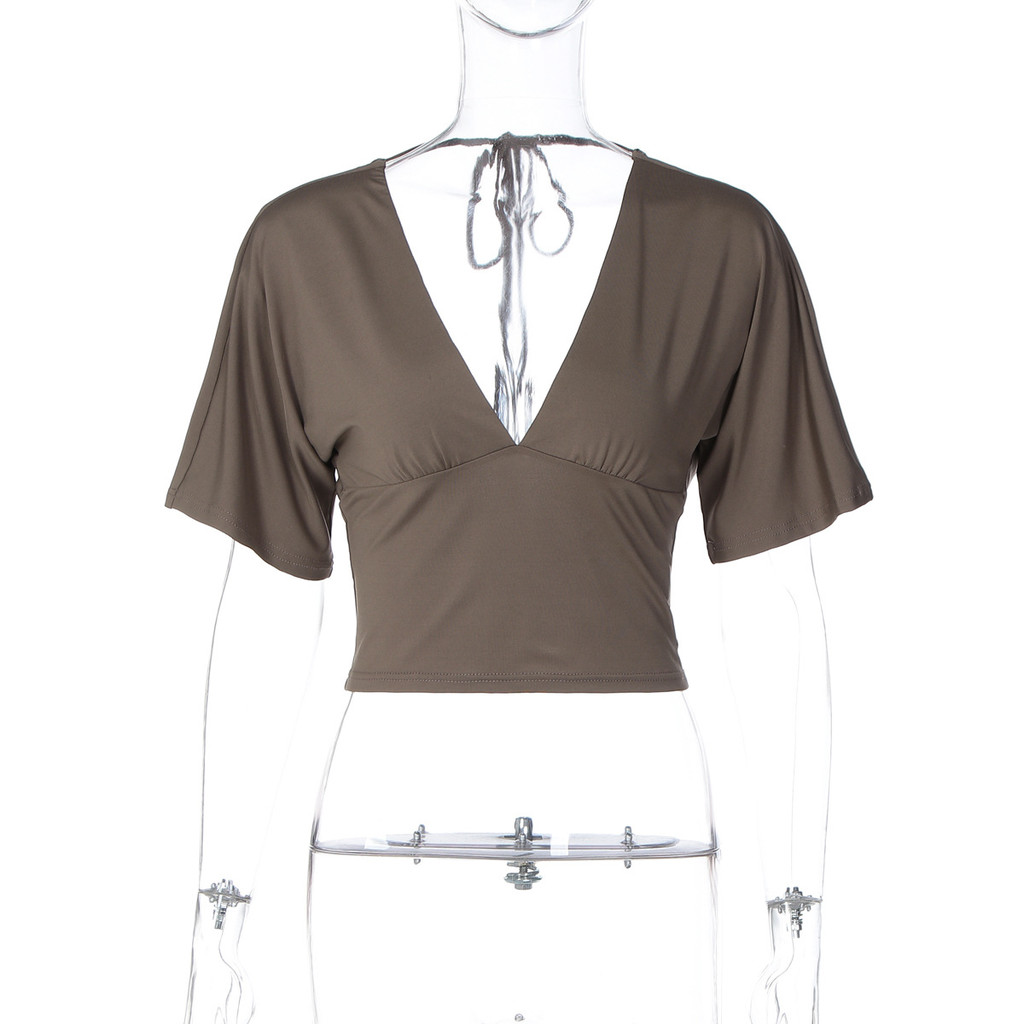 MsMona Women T-shirt 2025 Solid Color V-neck Short Sleeve Crop Top Sexy ...