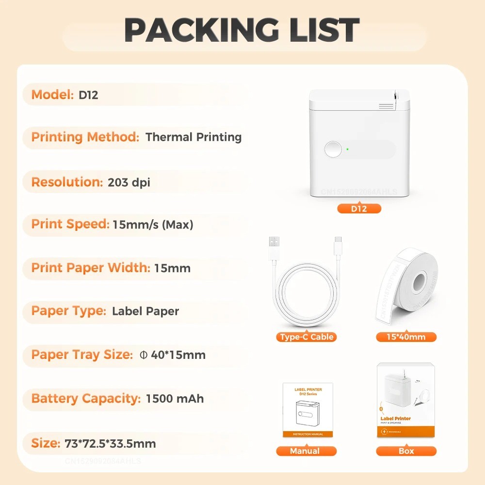 Unismar Inkless Thermal Printer D12 Portable Label Printer Bluetooth ...